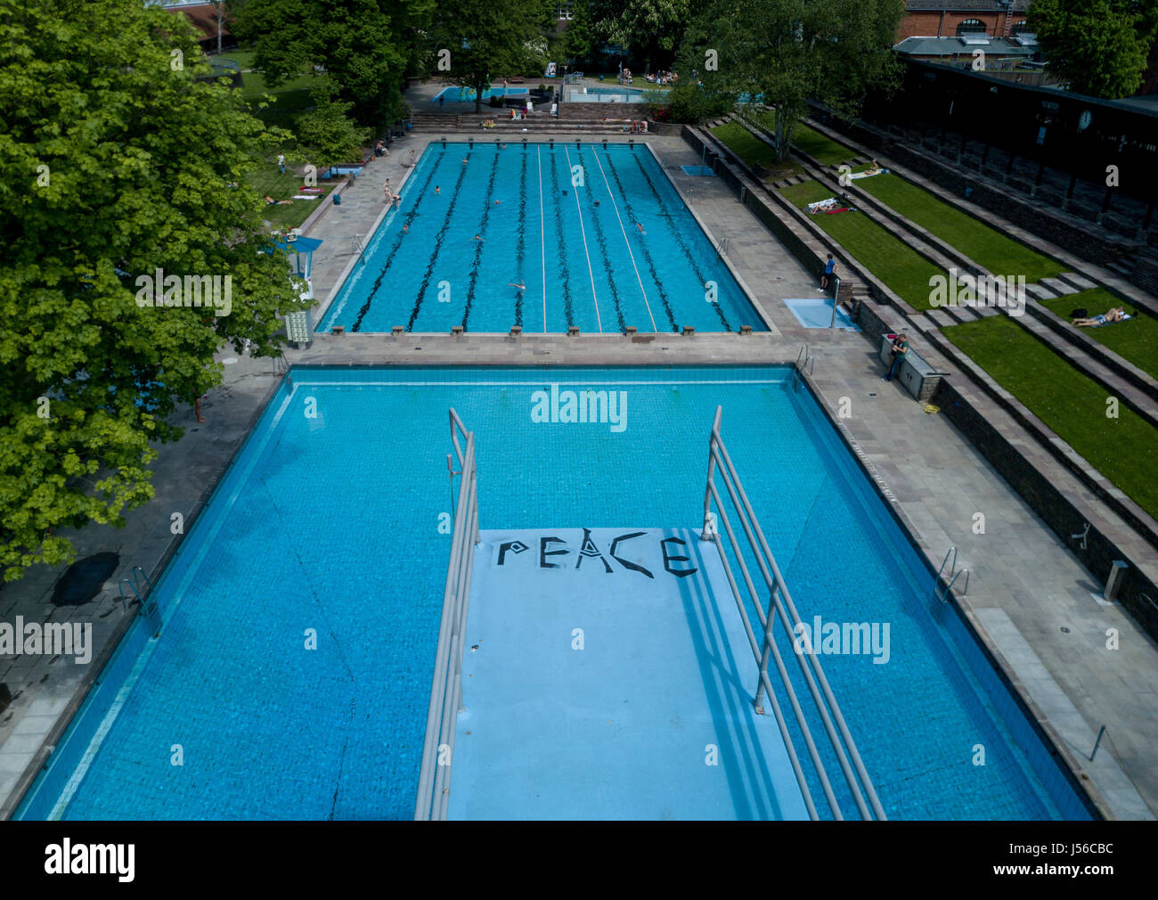An aerial photograph taken with a drone shows guests swimming in a 50 ...