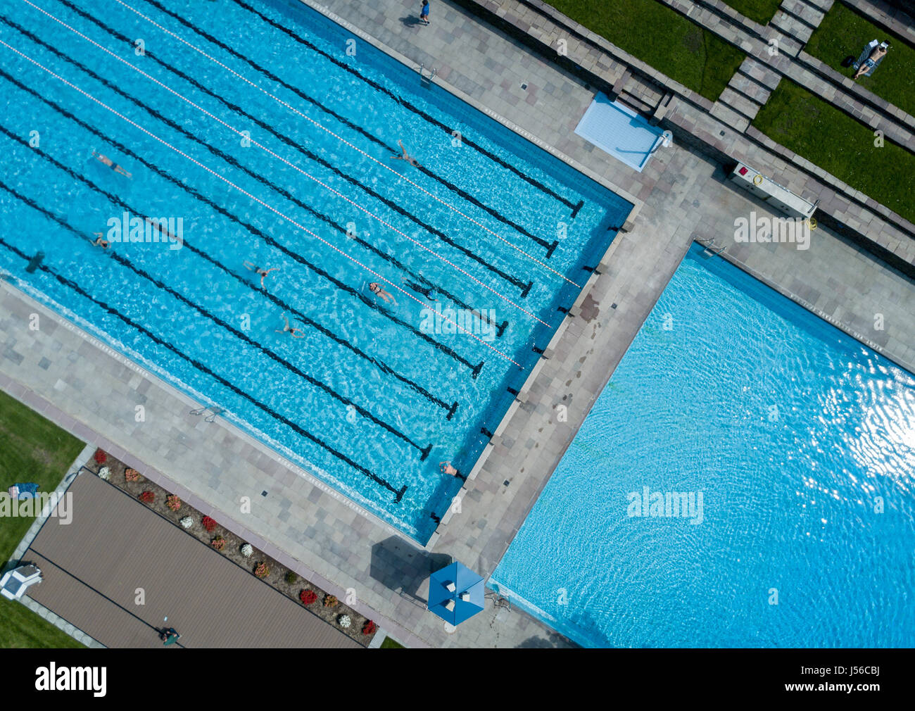 An aerial photograph taken with a drone shows guests swimming in a 50 ...