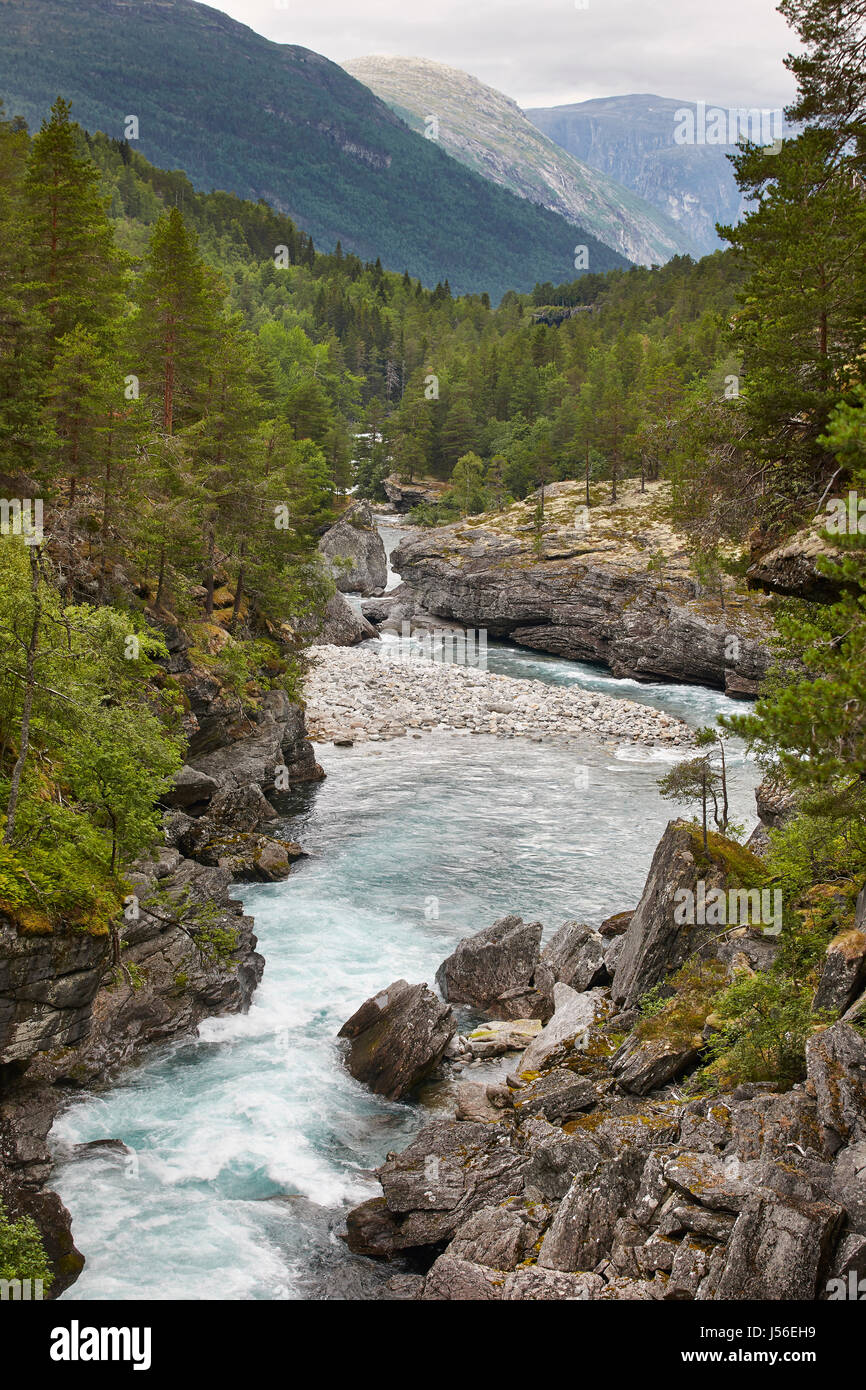 Norway landscape with forest mountains and raume river. Andalsnes ...