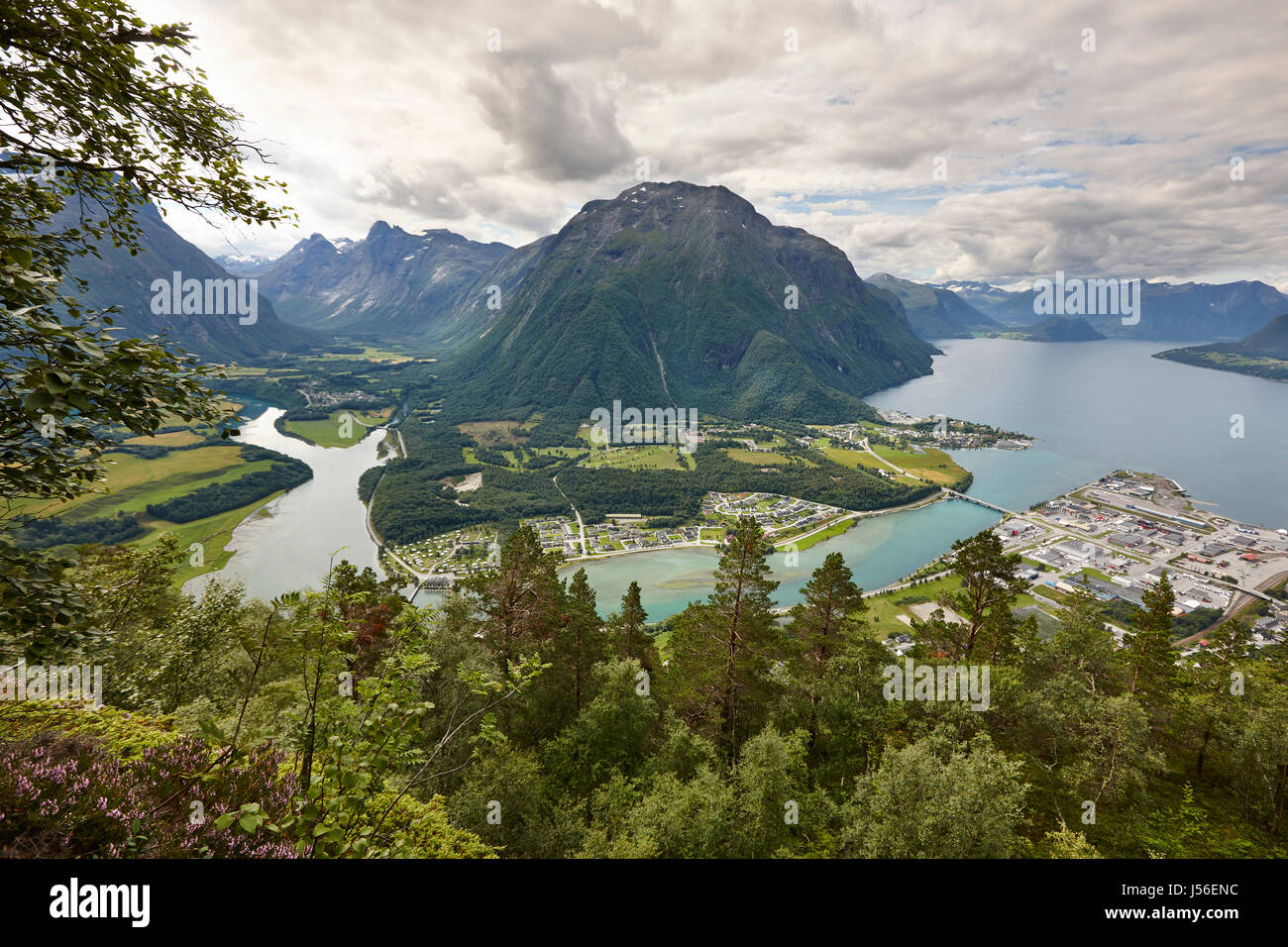 Norway landscape. Romsdal fjord, Rauma river and Romsdal mountains ...