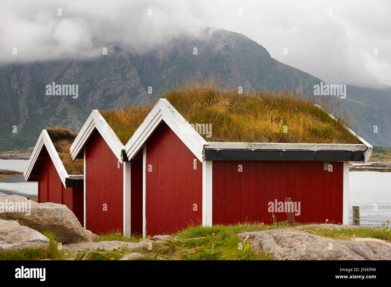 Traditional red wooden norwegian cabins with ground on the roof ...
