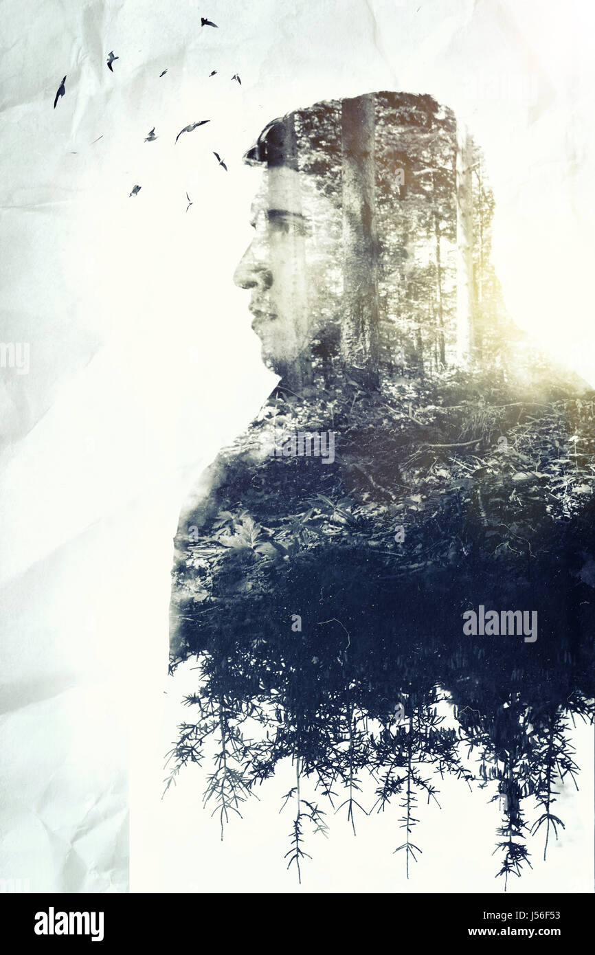 double exposure of young thoughtful man who loves nature Stock Photo ...