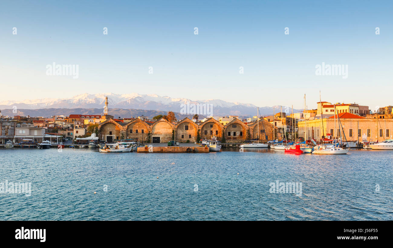 Old Venetian harbor of Chania town on Crete island, Greece Stock Photo ...