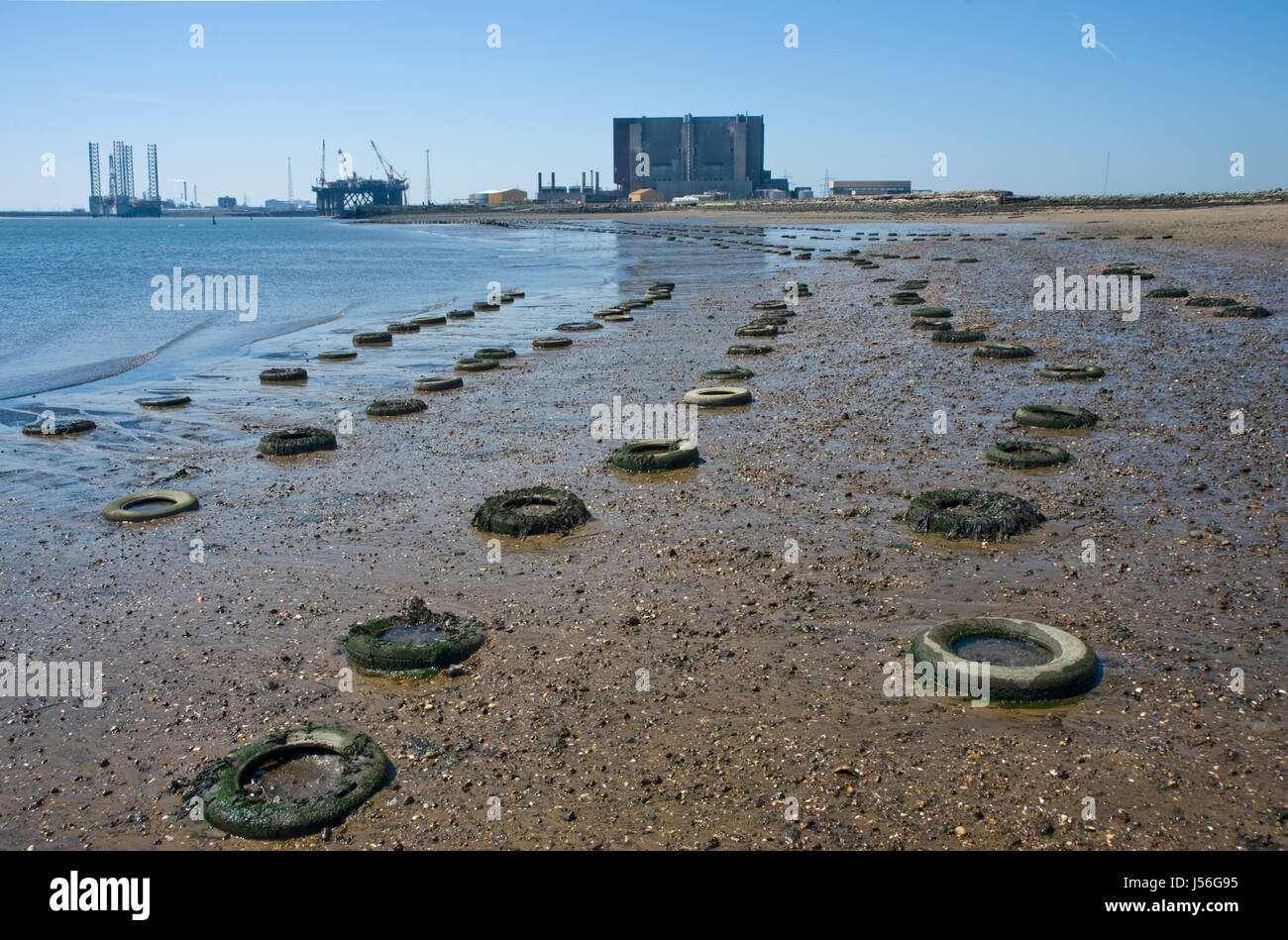 Tyres used as crab traps, Hartlepool Nuclear Power Station Stock Photo ...