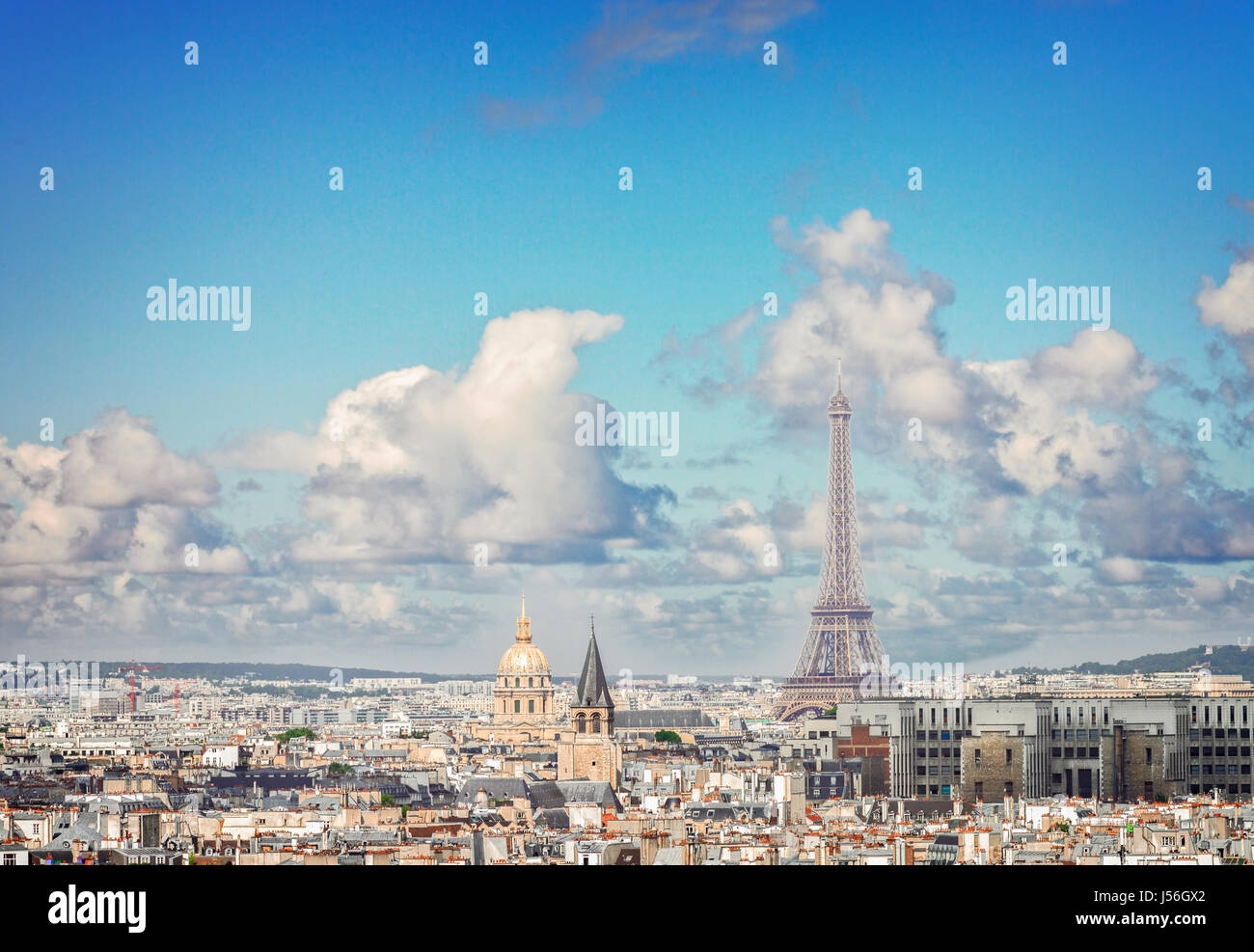 Paris city roofs with Eiffel Tower from above, Paris France, retro ...