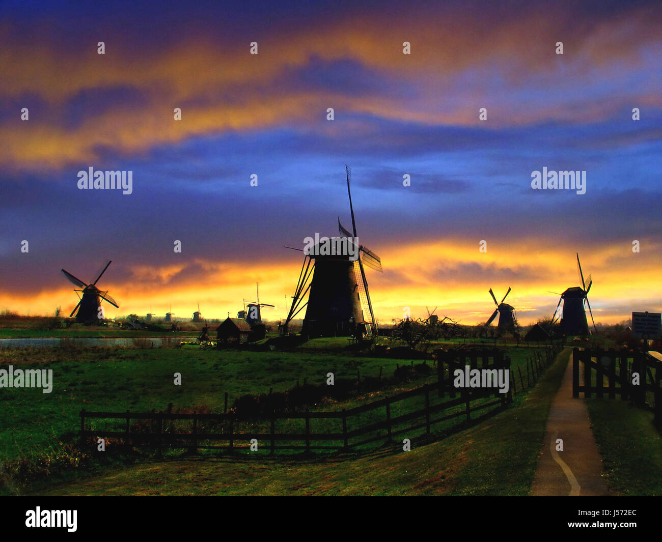 sunset holland windmill scenery countryside nature river water kanalen ...