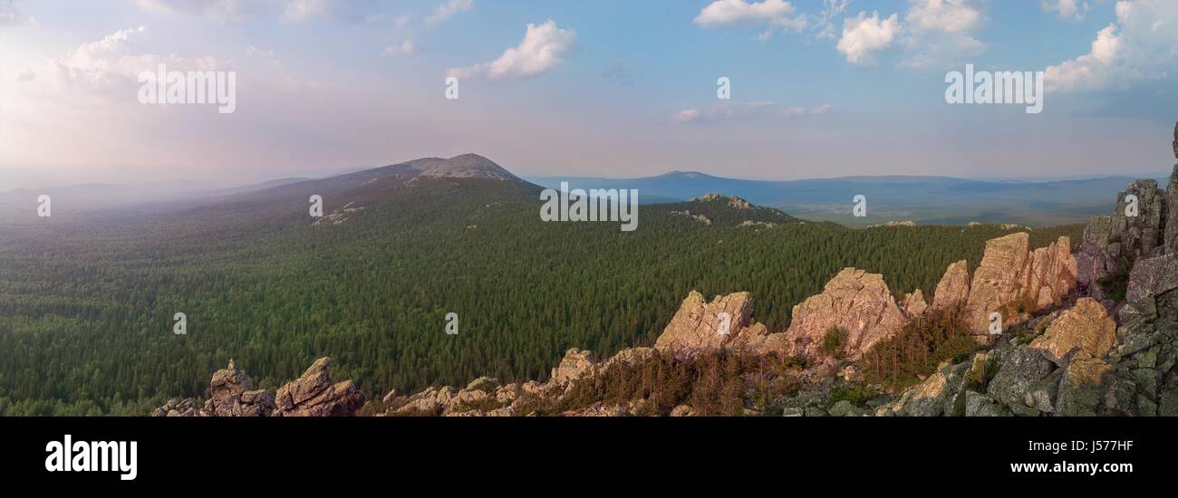 Panoramic view of the mountains and cliffs, South Ural. Summer in the ...