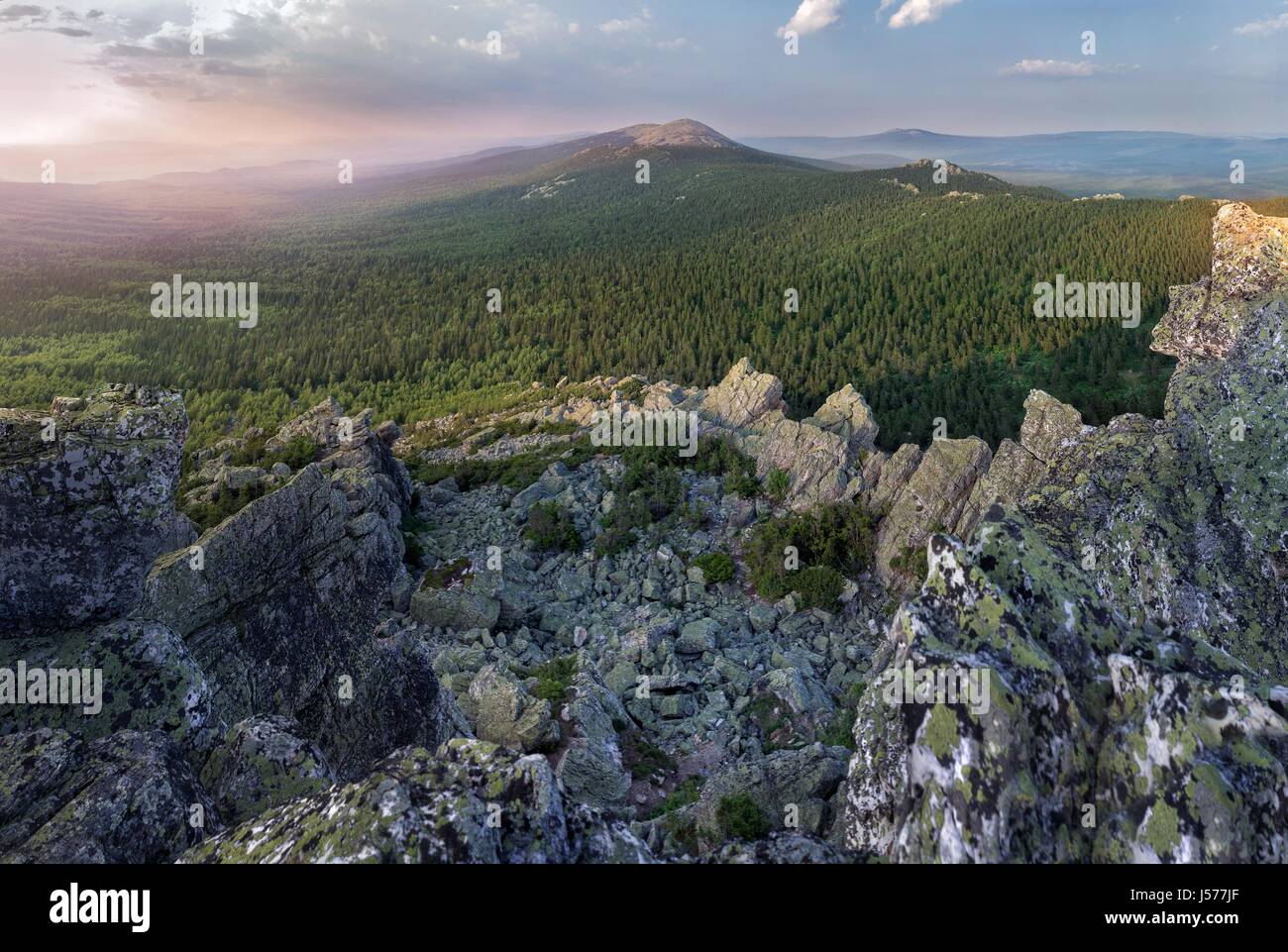 Panoramic view of the mountains and cliffs, South Ural. Summer in the ...