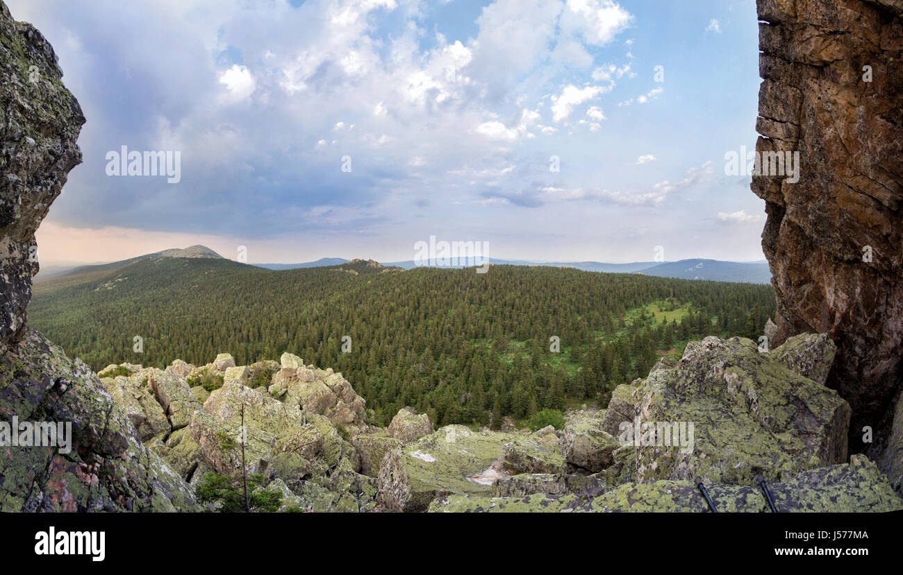 Panoramic view of the mountains and cliffs, South Ural. Summer in the ...