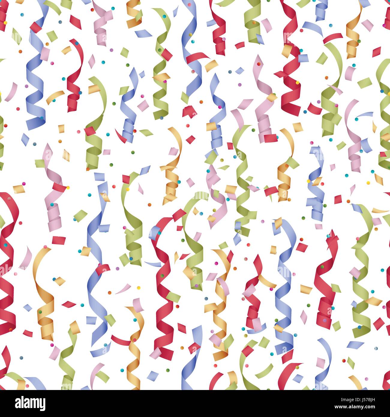 Curly golden paper ribbon and confetti seamless pattern on white ...