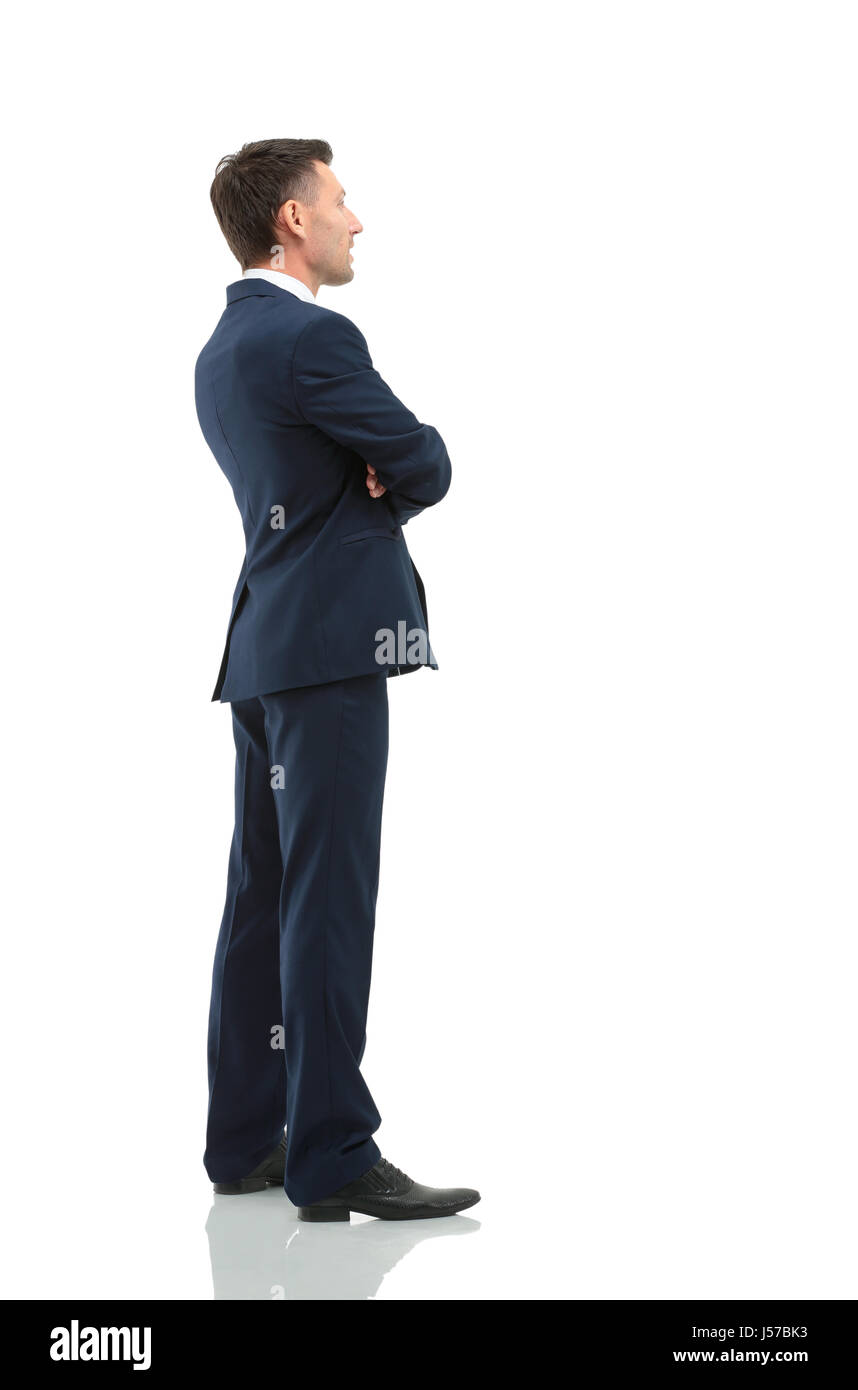Side view of a smiling businessman, On white background Stock Photo - Alamy