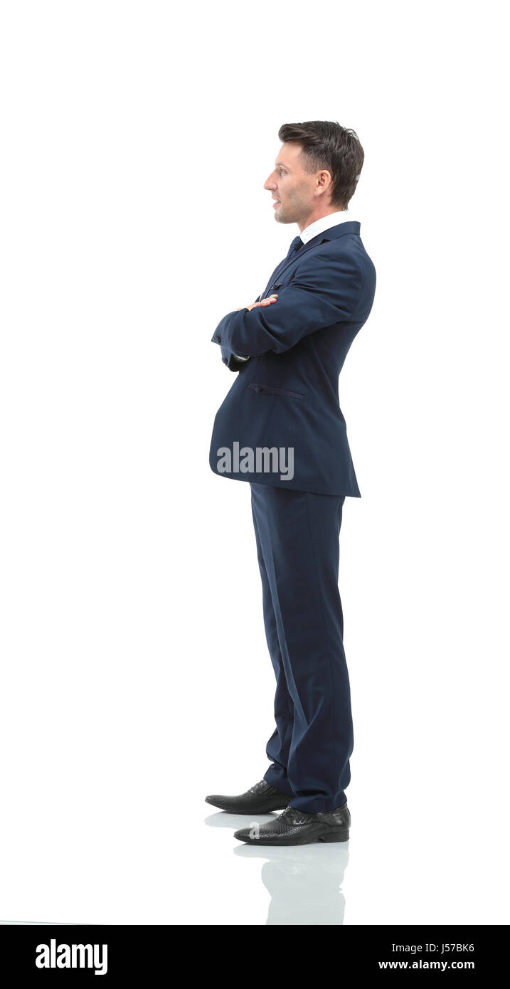 Side view of a smiling businessman, On white background Stock Photo - Alamy