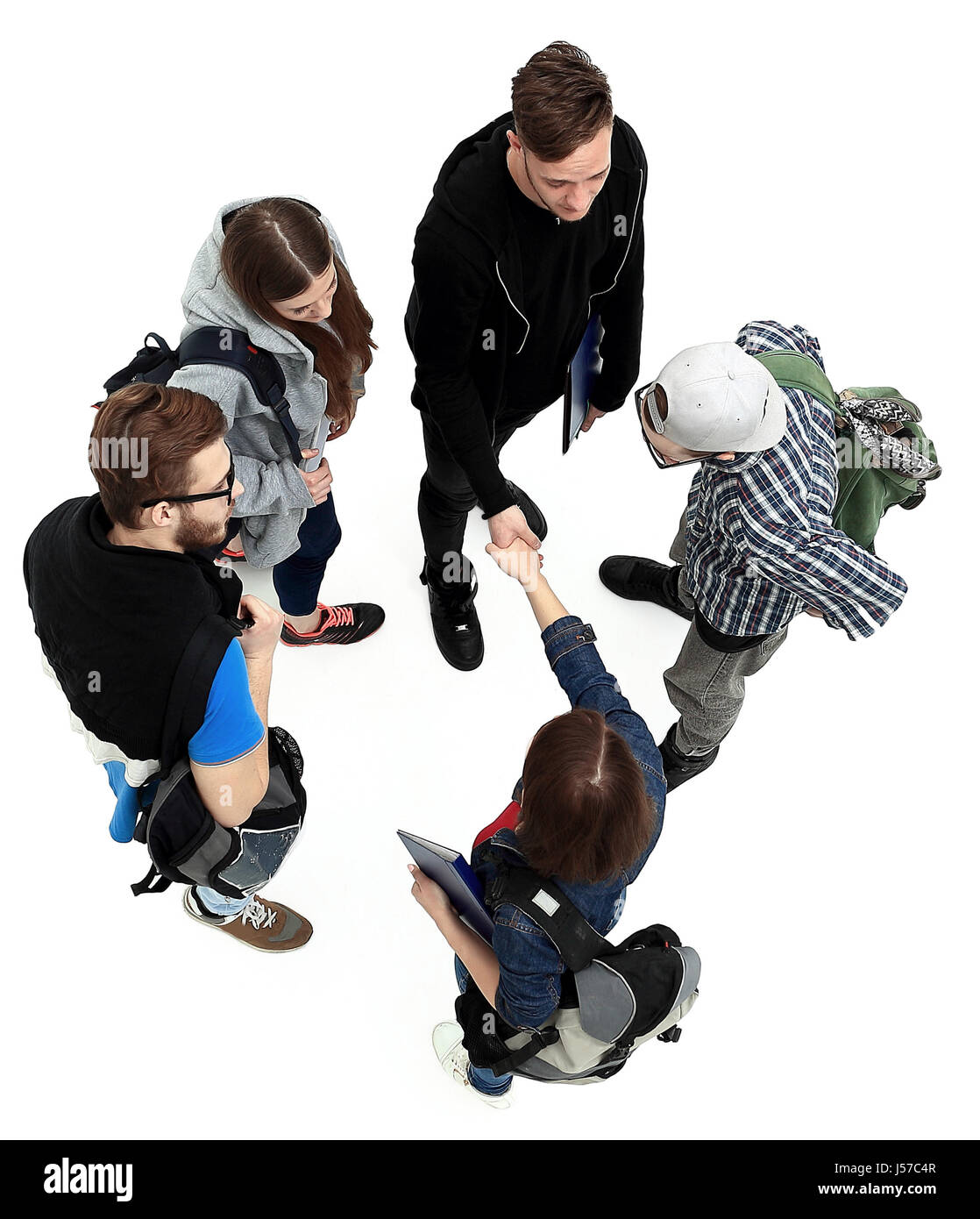 Top view. Happy smiling young group looking at camera Stock Photo - Alamy