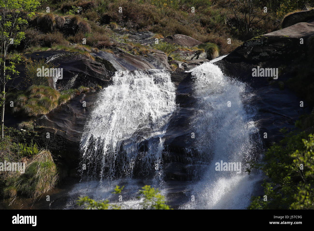 Water dripping down a tall mountain waterfall with lush vegetation ...