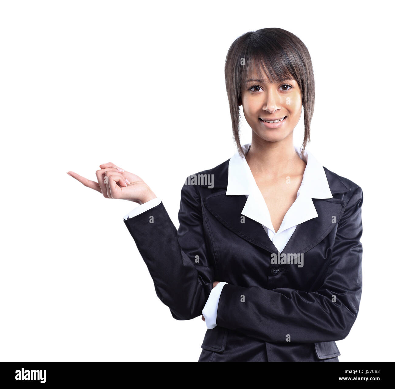 Business woman pointing at white background Stock Photo - Alamy