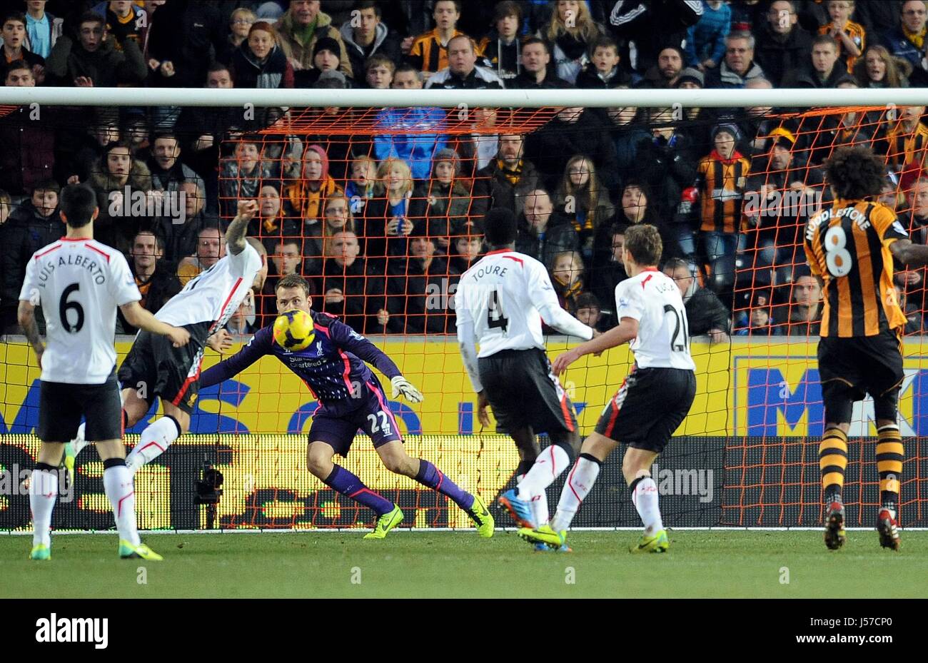 MARTIN SKRTEL HEADS PAST SIMON HULL CITY FC V LIVERPOOL FC KC STADIUM ...