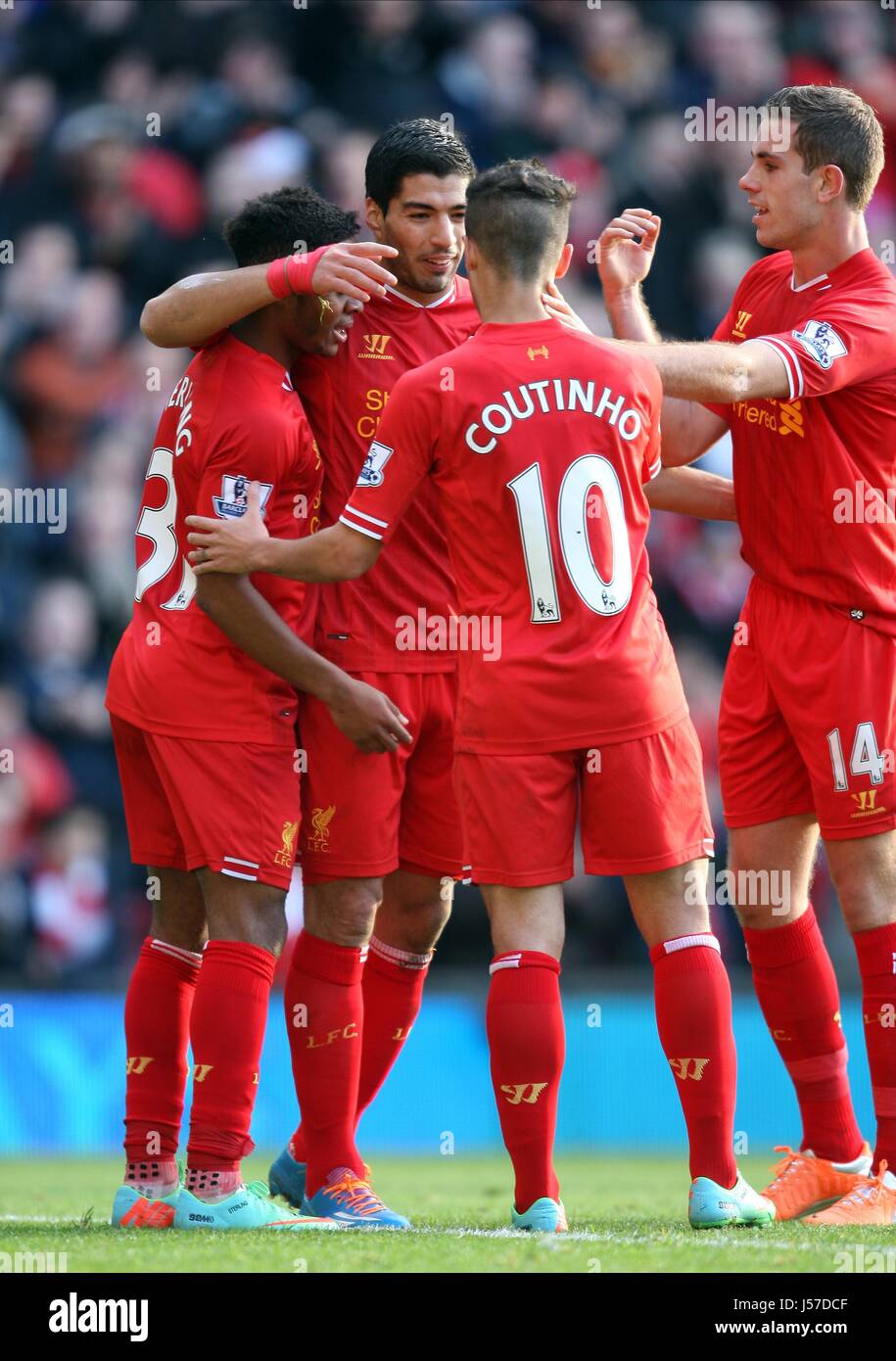 LUIS SUAREZ CELEBRATES LIVERPOOL V CARDIFF CITY ANFIELD LIVERPOOL ...