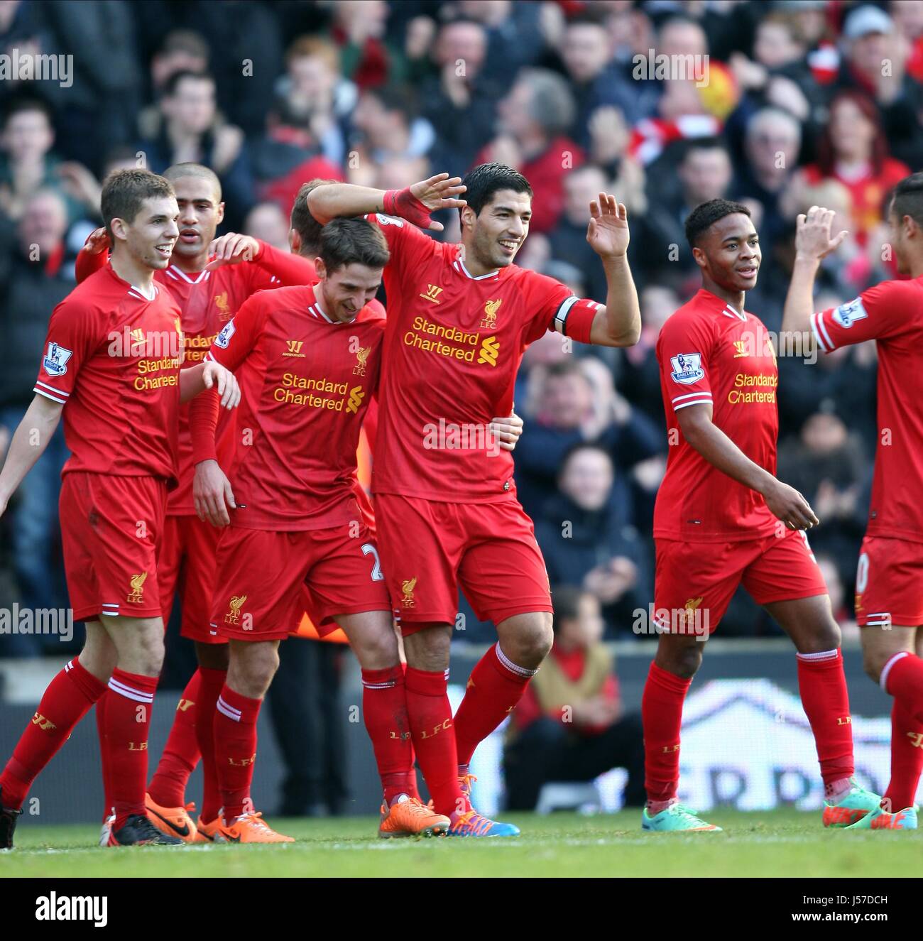 LUIS SUAREZ CELEBRATES LIVERPOOL V CARDIFF CITY ANFIELD LIVERPOOL ...