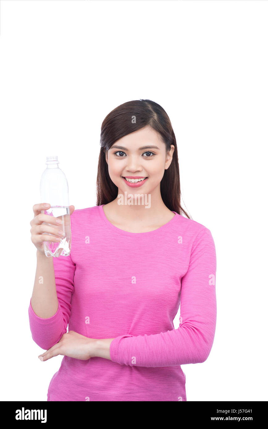 Face portrait of asian woman drinking water. Smiling girl. Isolated on ...