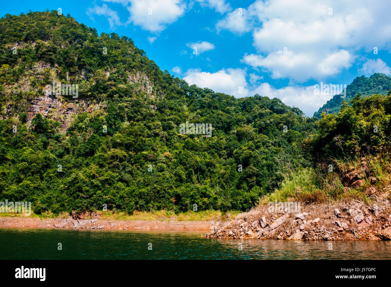Beautiful reservoir scenery with blue sky in summer Stock Photo - Alamy