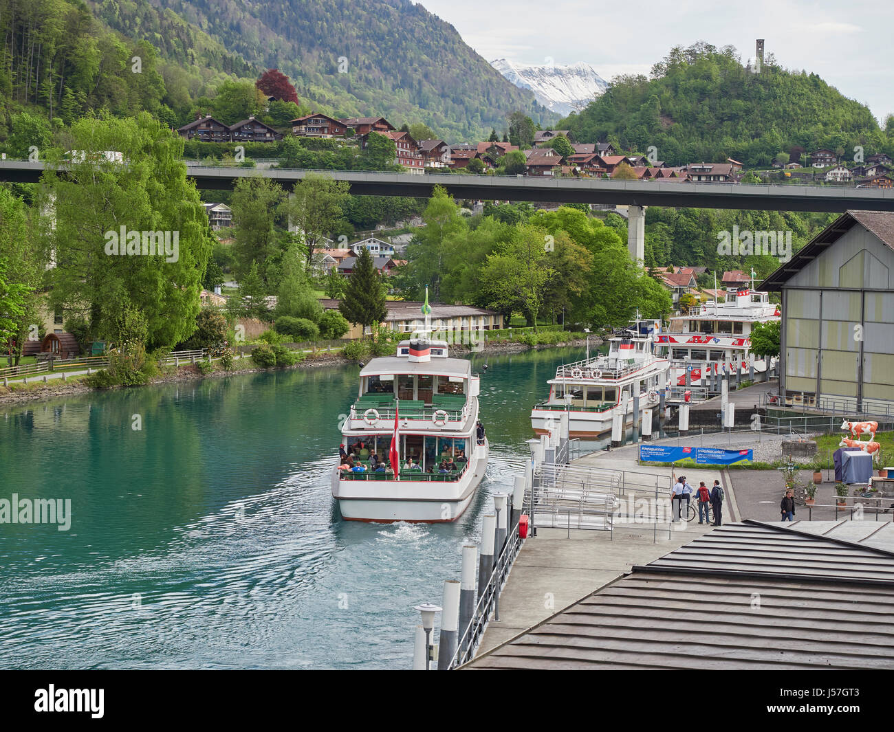 Switzerland Interlaken and the river Aare between the two lakes Brienz ...