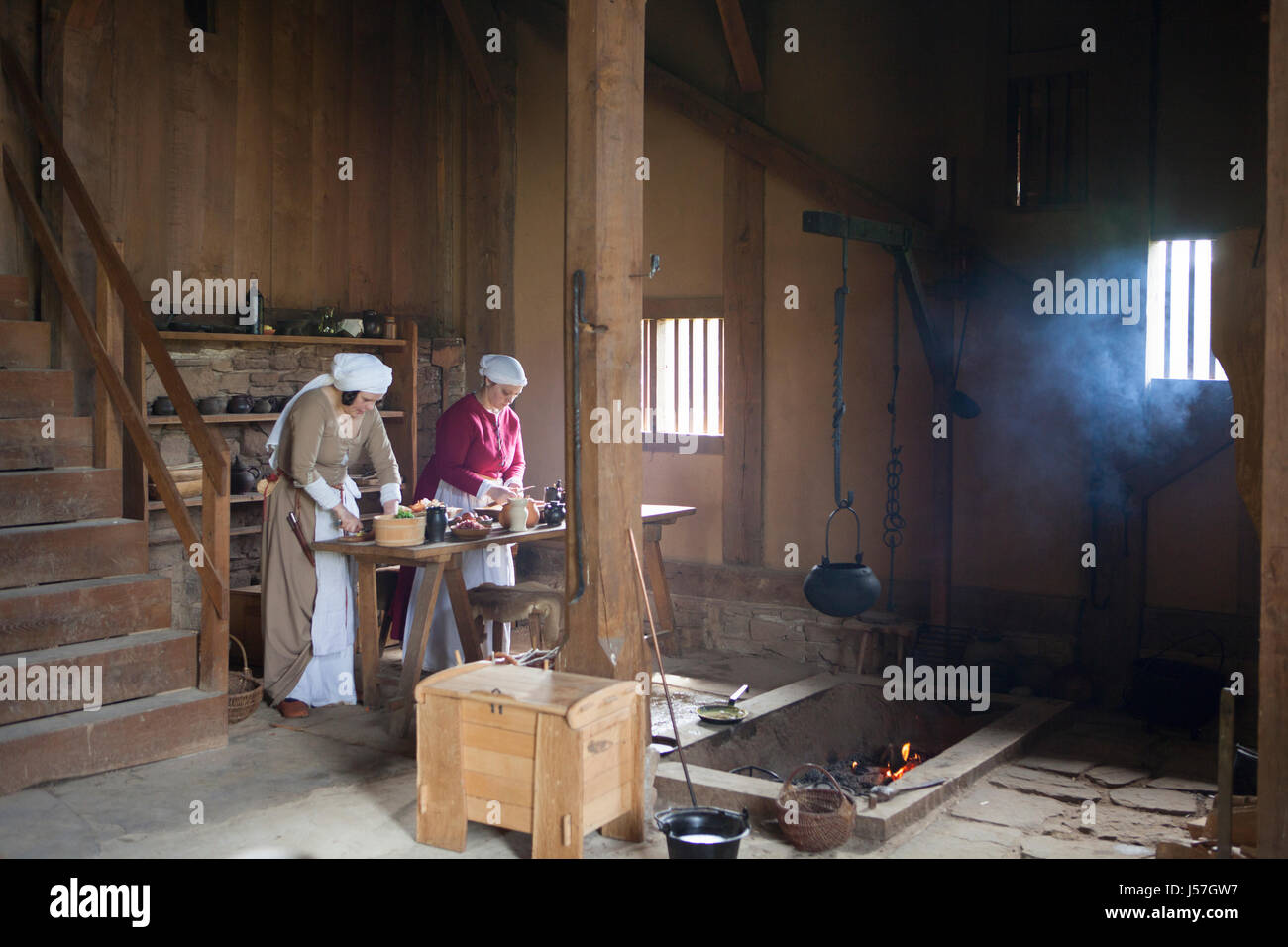 Cooking by a reenactment group, reconstructed medieval house, Nienover ...