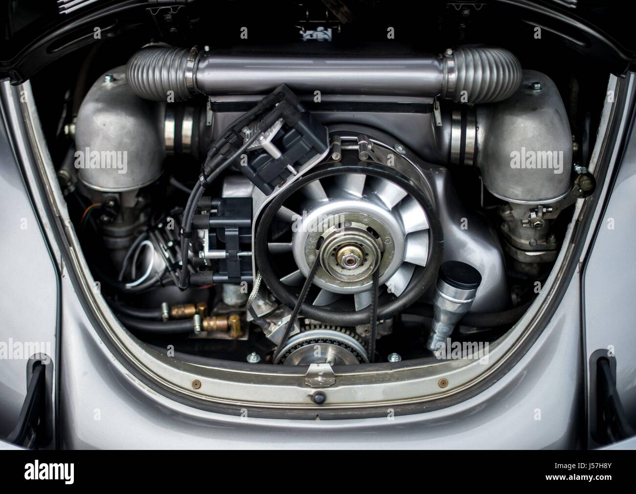 The engine compartment of a VW Beetle is open at the Maikaefertreffen ...