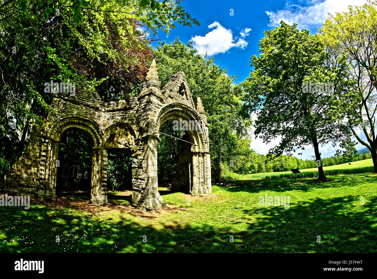 Arches from the original church at Shobdon, Herefordshire form a folly ...