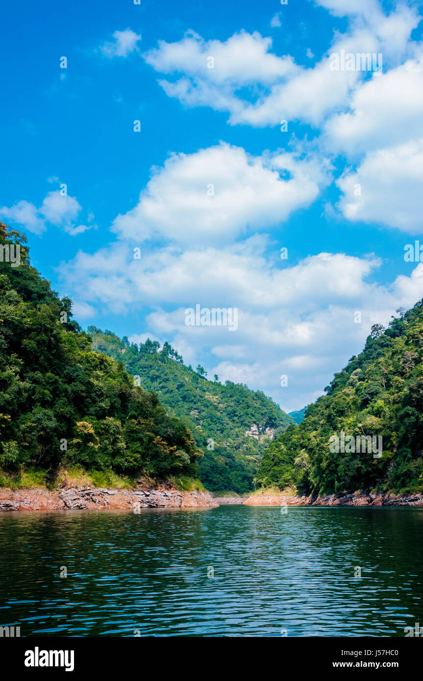 Beautiful reservoir scenery with blue sky in summer Stock Photo - Alamy