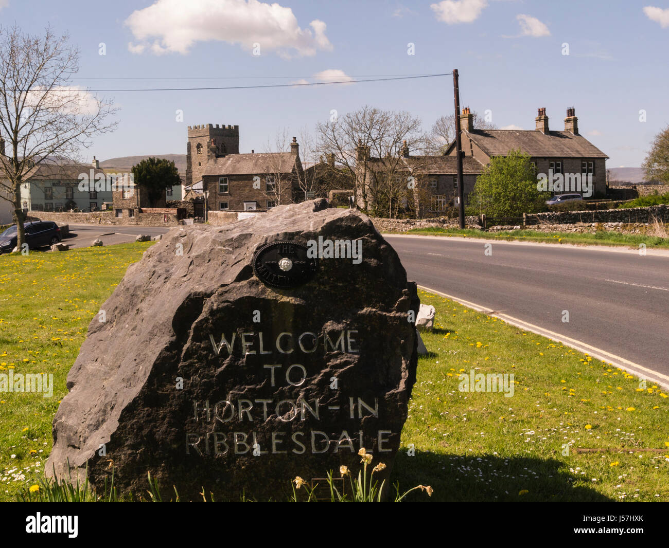 Village sign carved stone Horton-in-Ribblesdale Yorkshire Dales ...