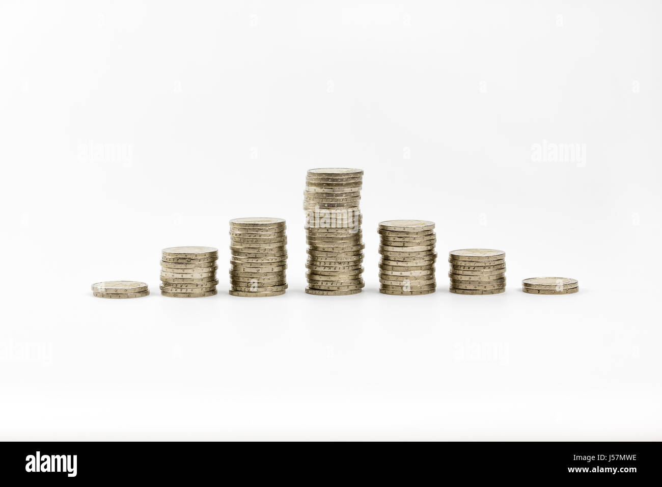 2 euro coins stacked and scattered some of 1 euro isolated on a white ...