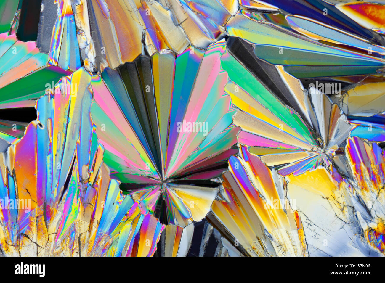 Microscopic view of colorful sucrose crystals. Recrystallized table ...
