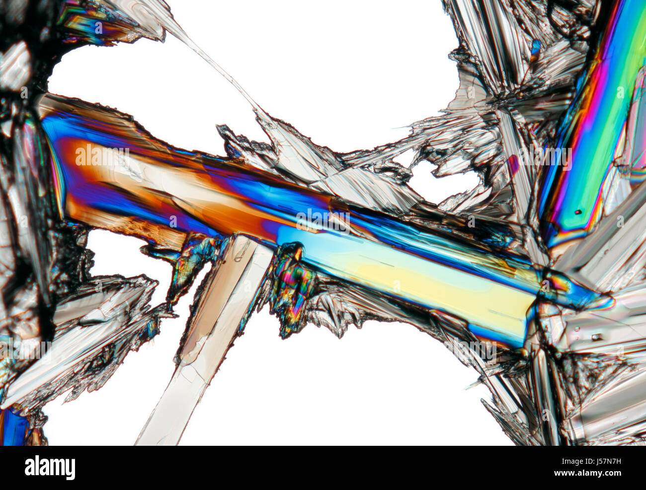 Microscopic view of colorful potassium nitrate crystal. Polarized light ...