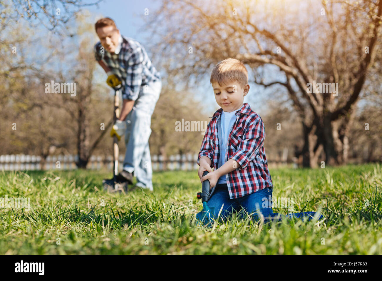 Little boy helping his father in garden Stock Photo - Alamy