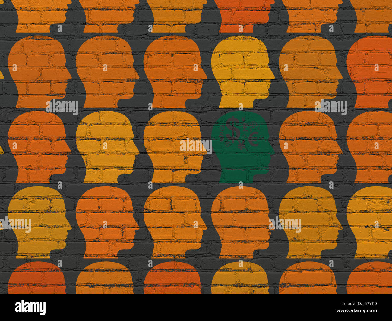 Finance concept: head with finance symbol icon on wall background Stock ...