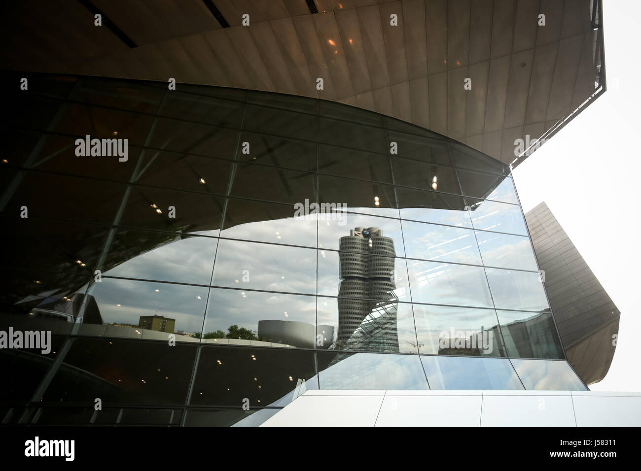 MUNICH, GERMANY - MAY 6, 2017 : A reflection of the BMW Museum in the ...