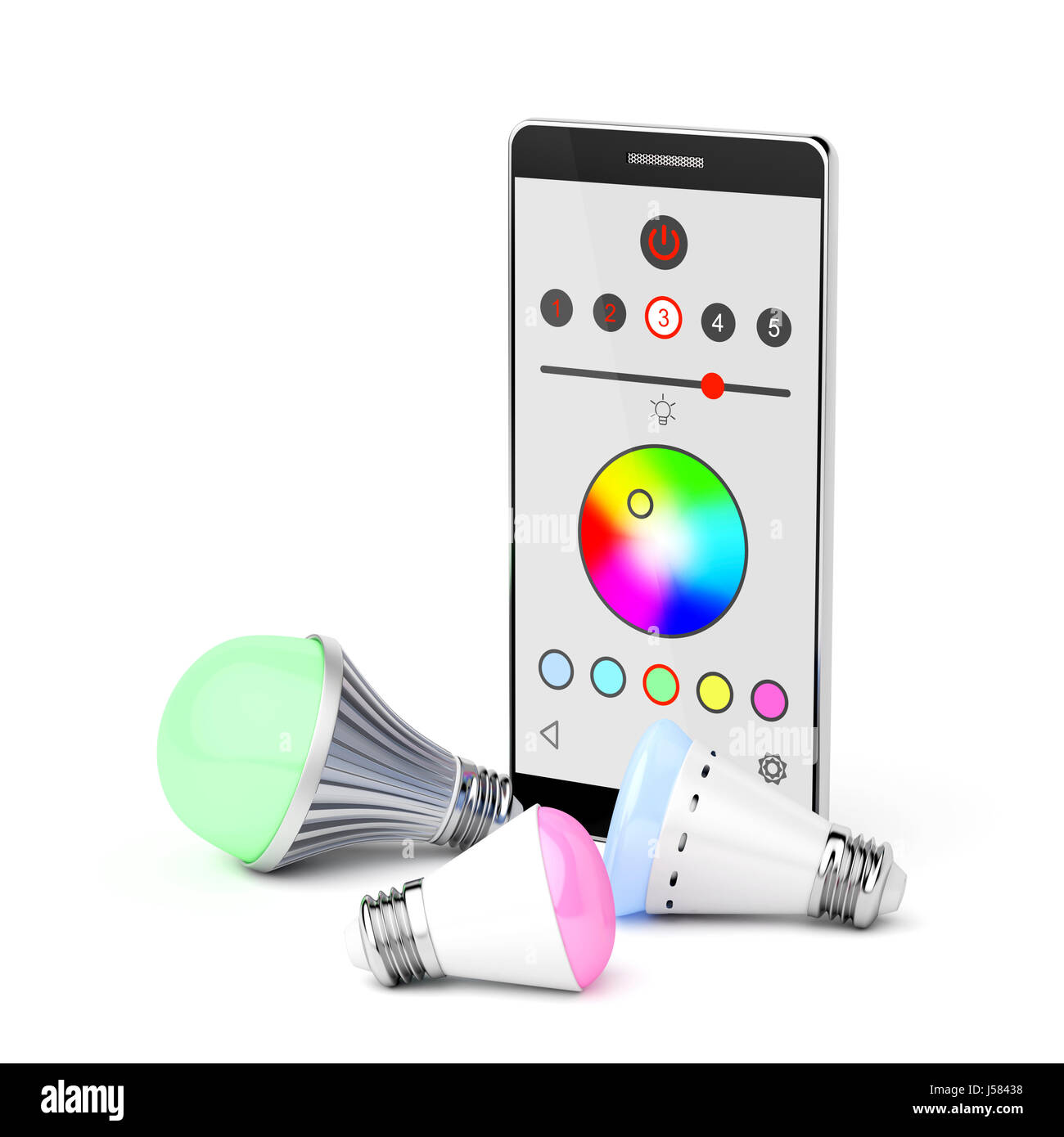 Smartphone and color changing LED light bulbs on white background Stock ...