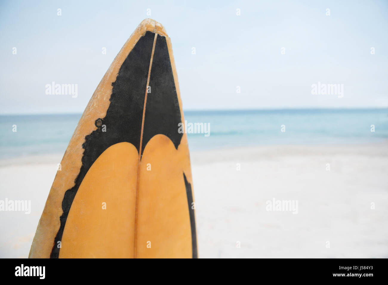 Wooden surfboard at beach during sunny day Stock Photo - Alamy