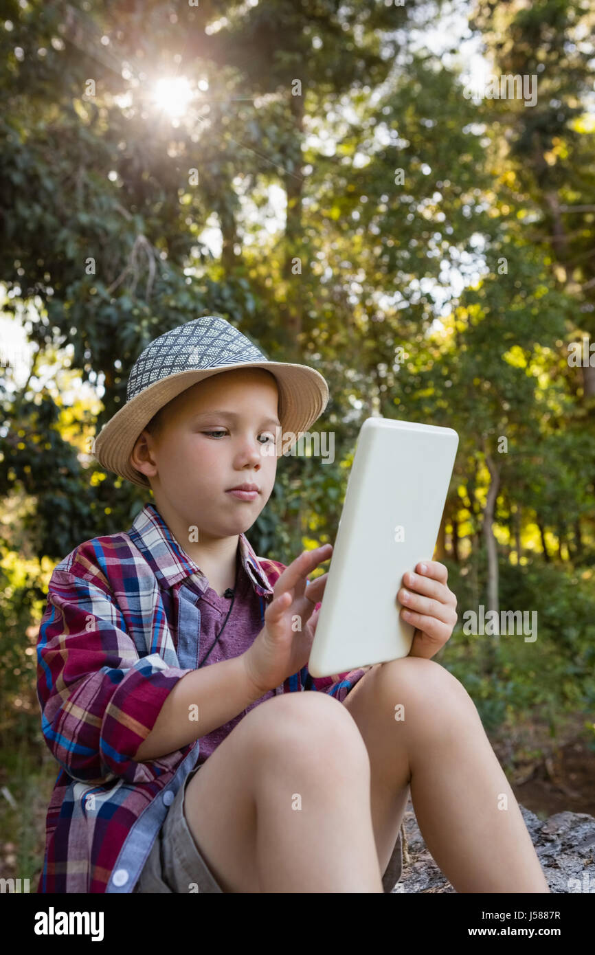 Boy touching tree in forest hi-res stock photography and images - Alamy