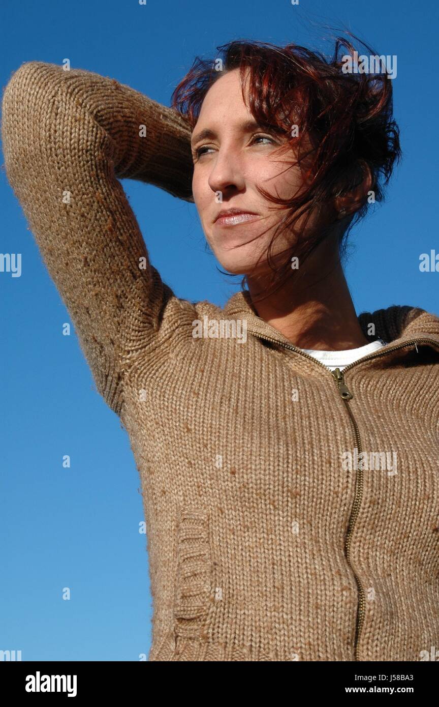 woman cardigan future portrait poses dynamics dynamism hairs sight view ...