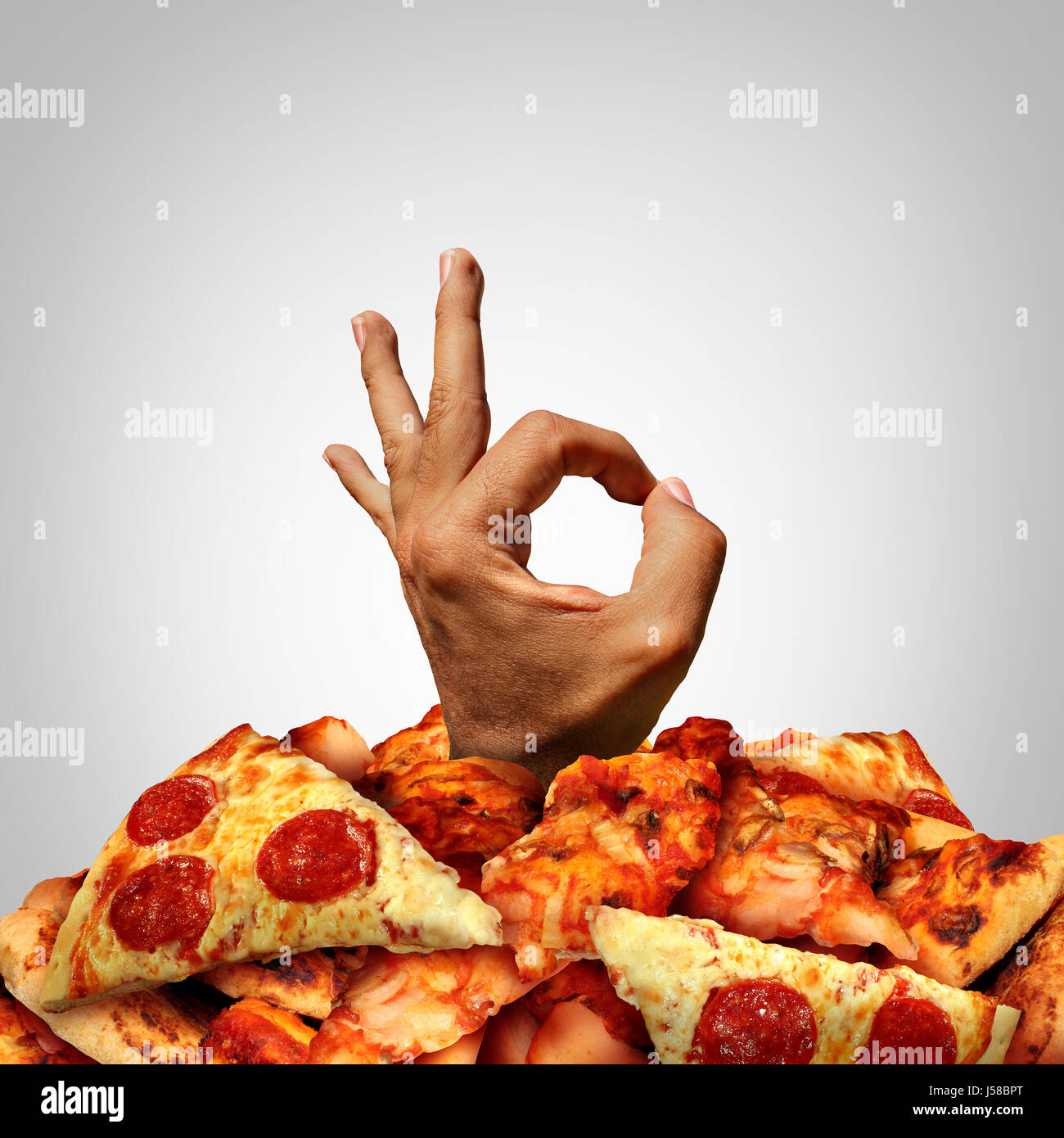 Delicious pizza concept with a happy hand expressing joy and approval ...