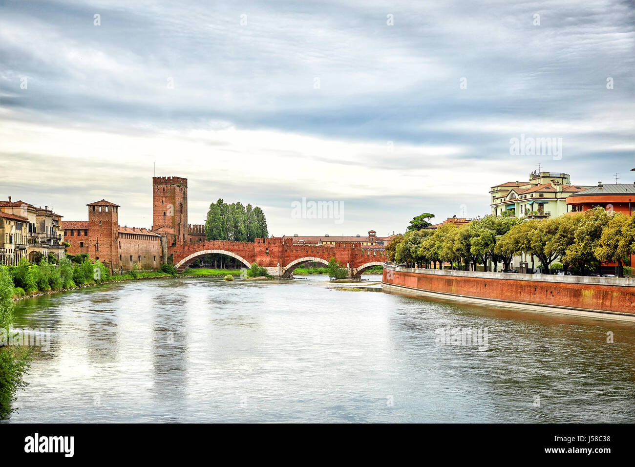 Panoramic view of Bridge Ponte Pietra in Verona on Adige river Stock ...