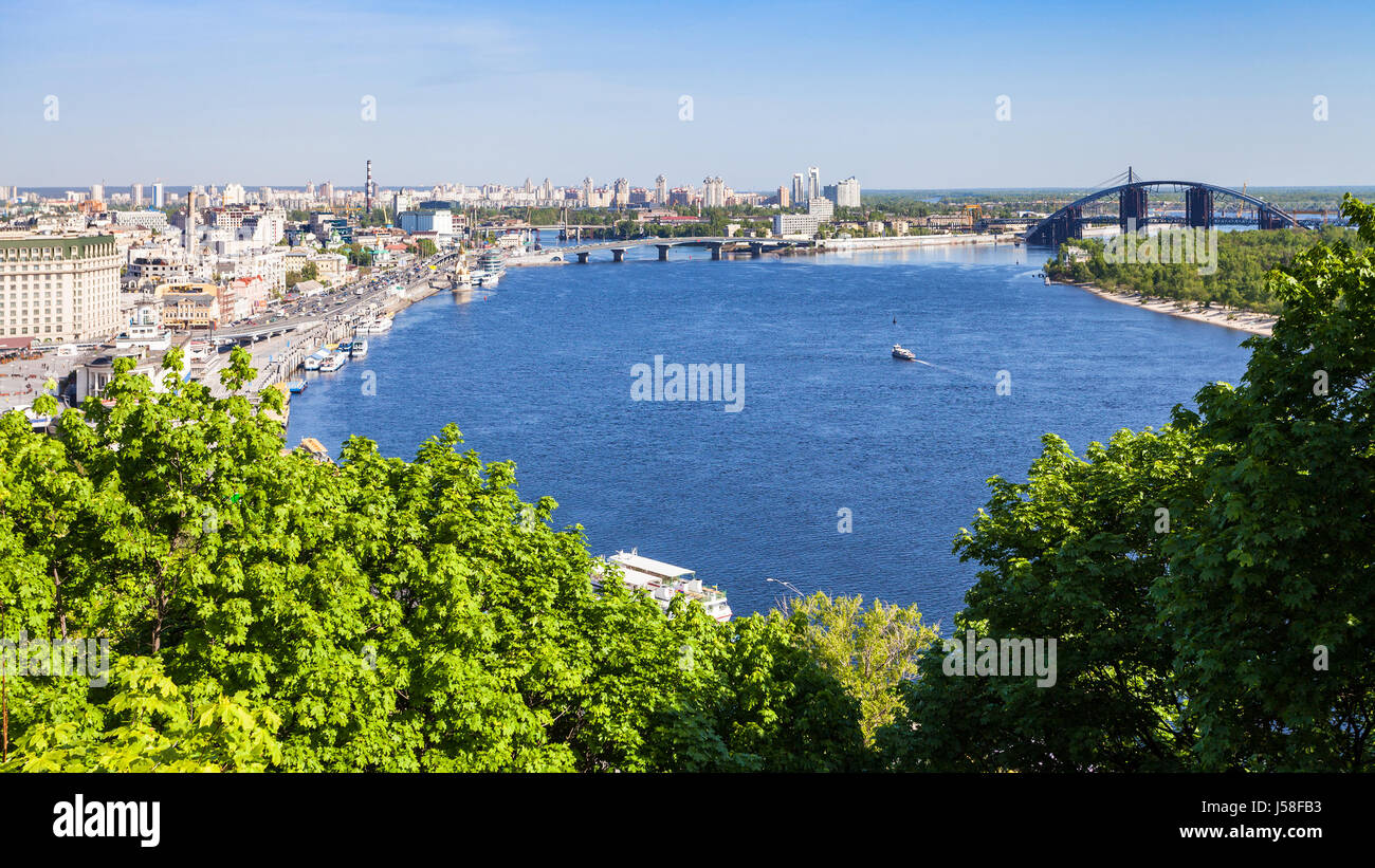 travel to Ukraine - above view of Kiev city with River Port and Dnieper ...