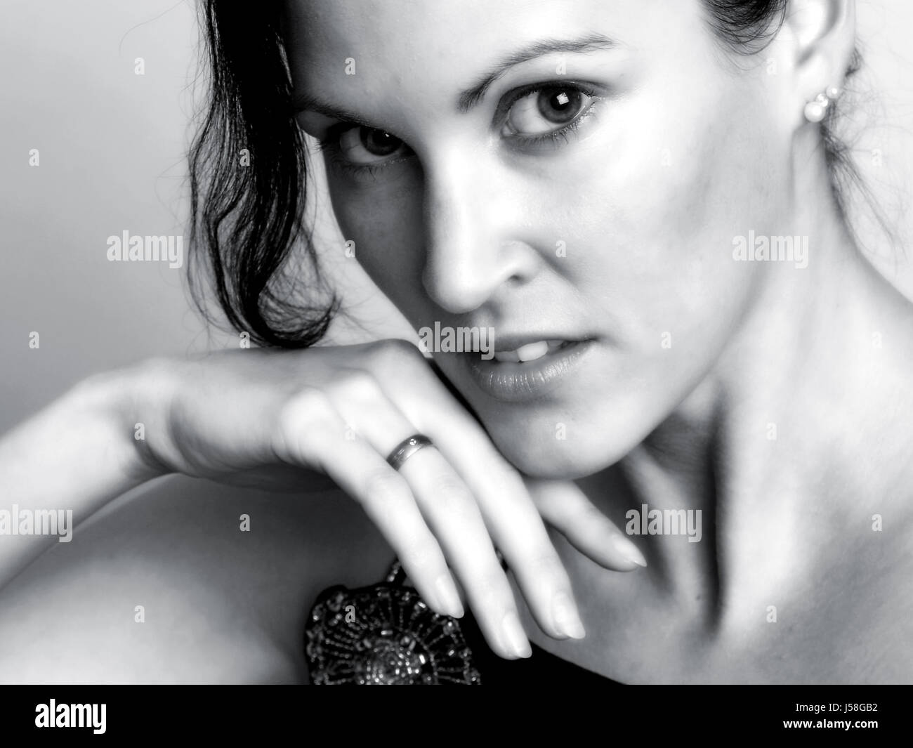 woman hand ring feeling mouth bw eyes look glancing see view looking ...