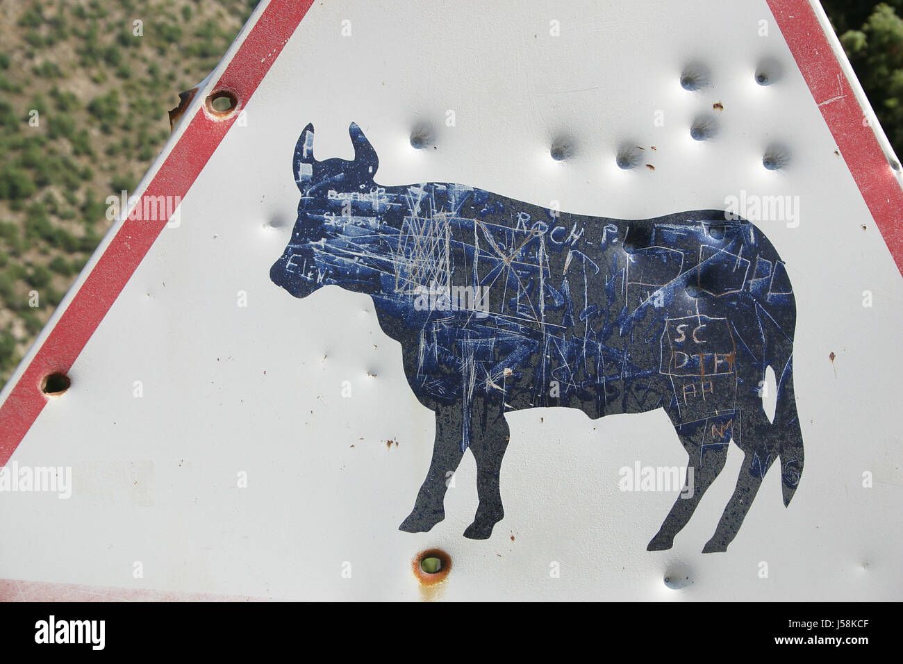 corsica,shot-up road sign Stock Photo - Alamy