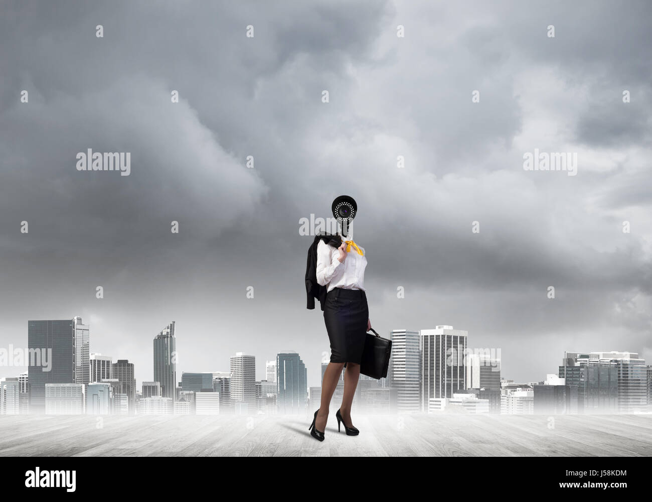 Concept of security and privacy protection with camera headed woman ...