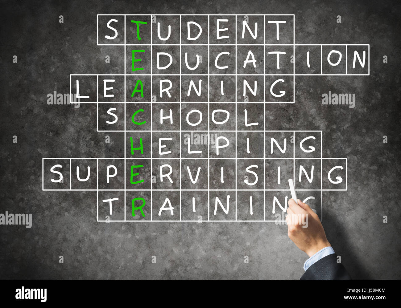 Seminar trainer draw on chalkboard Stock Photo - Alamy