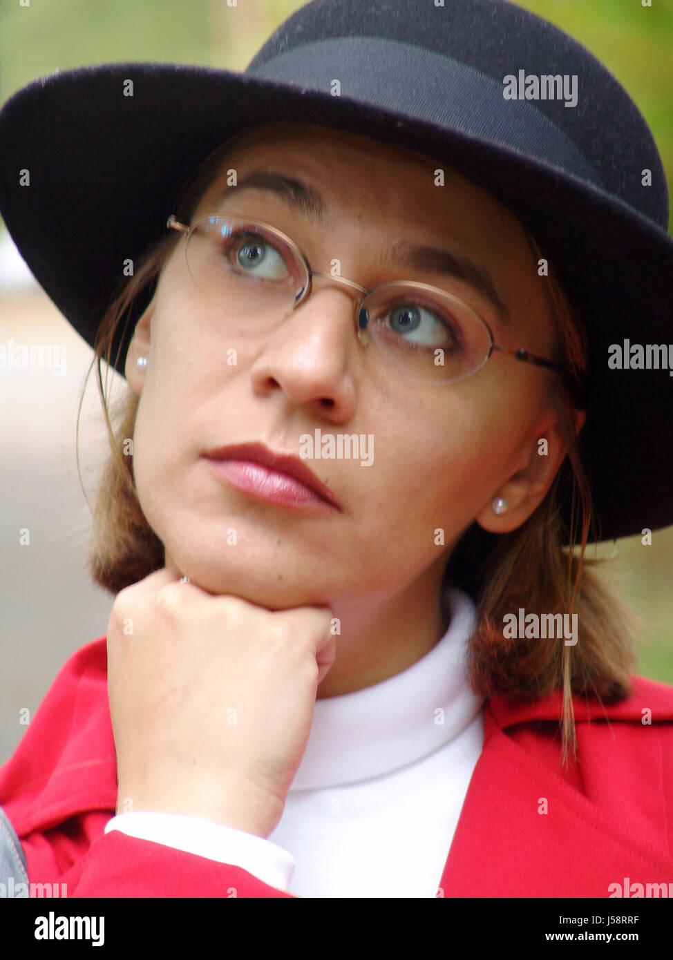 woman meditative female face hat meditate spectacles glasses eyeglasses ...