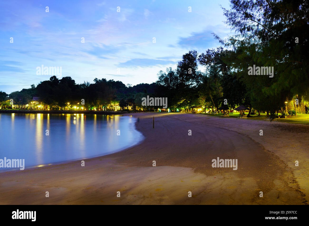 Sandy beach at night with lights, houses, and trees visible in teh ...
