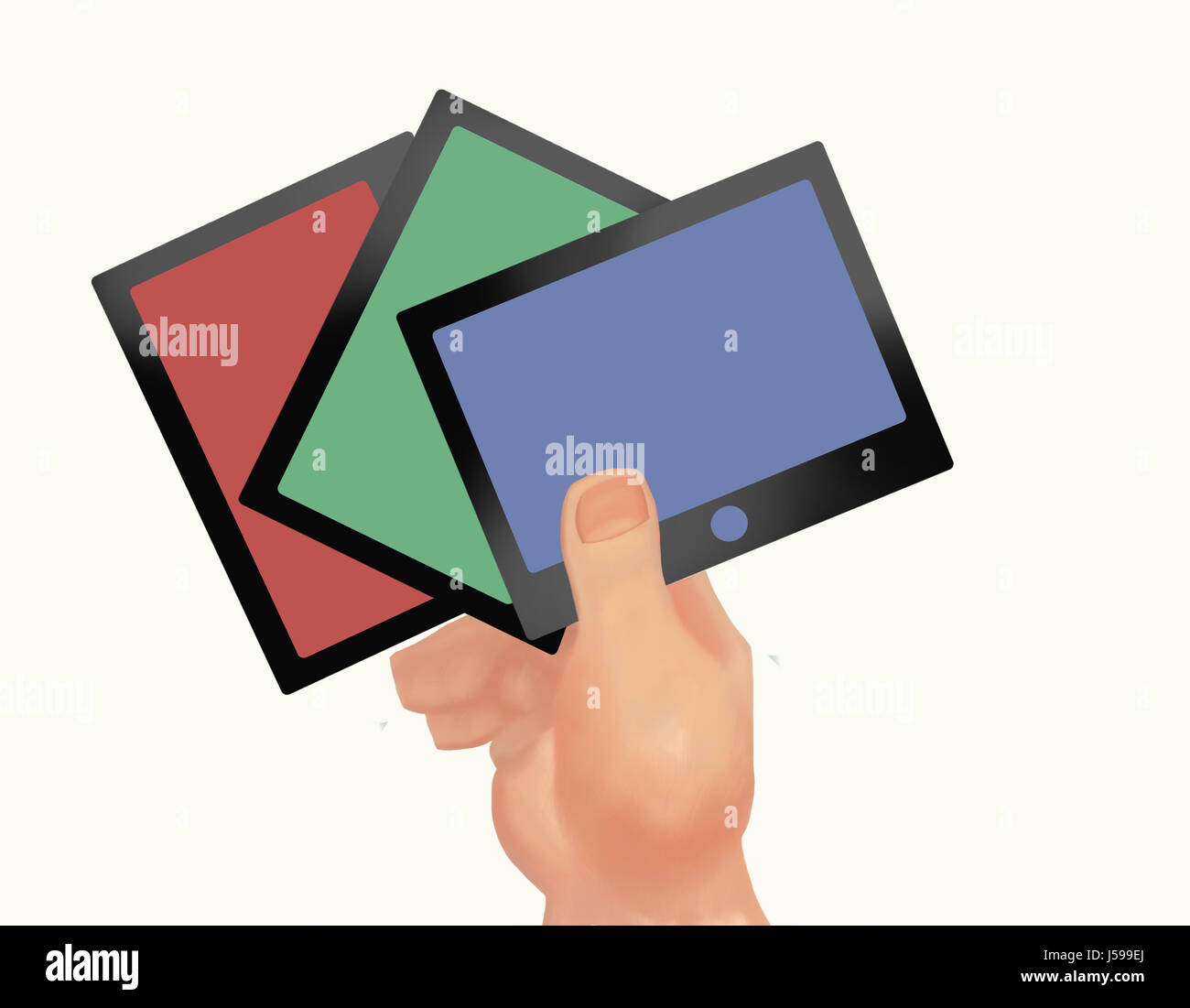 Hand holding up three tablet with a red, blue and green screen Stock ...